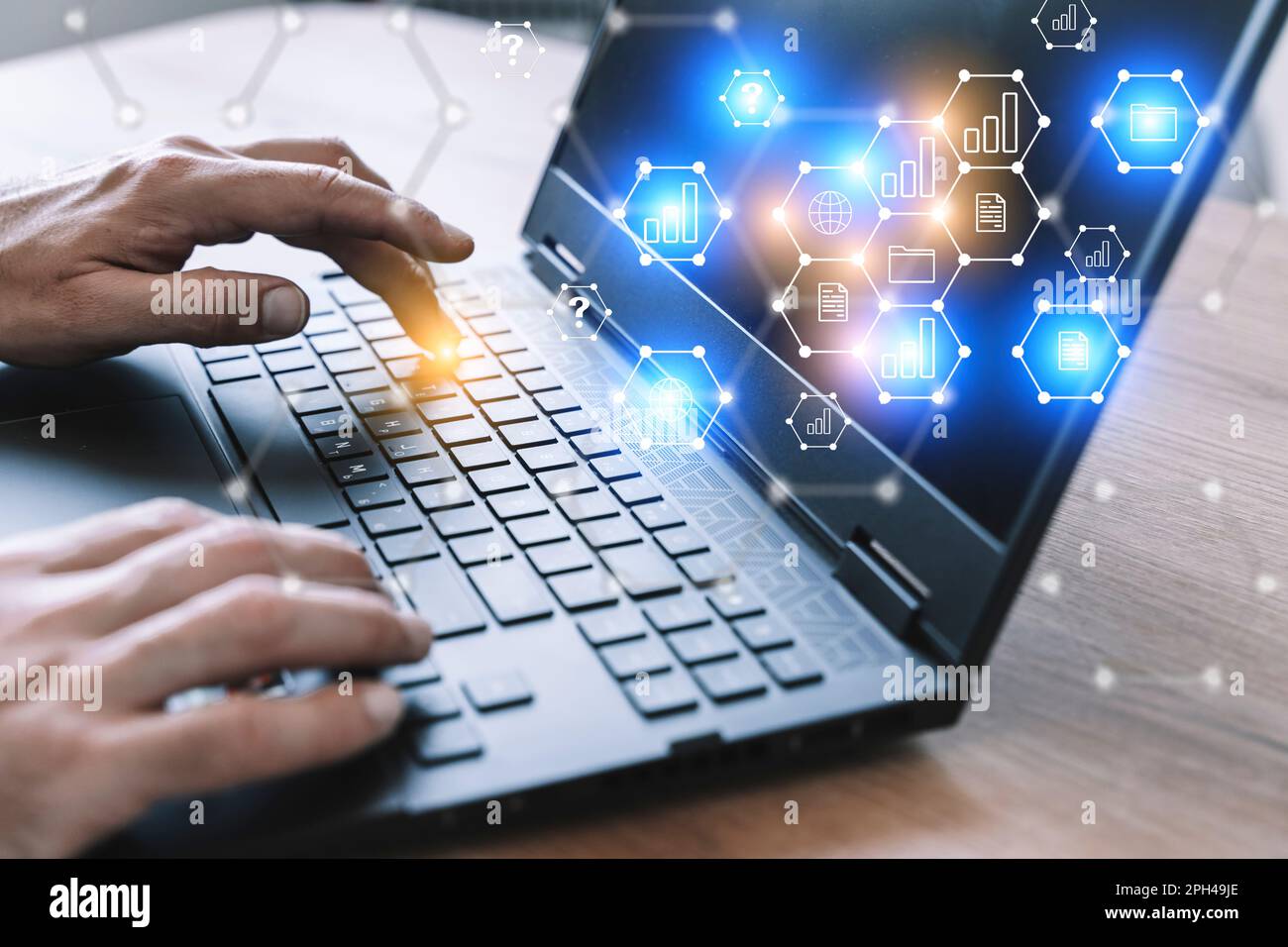 Big data technology background. Using a laptop against the background ...