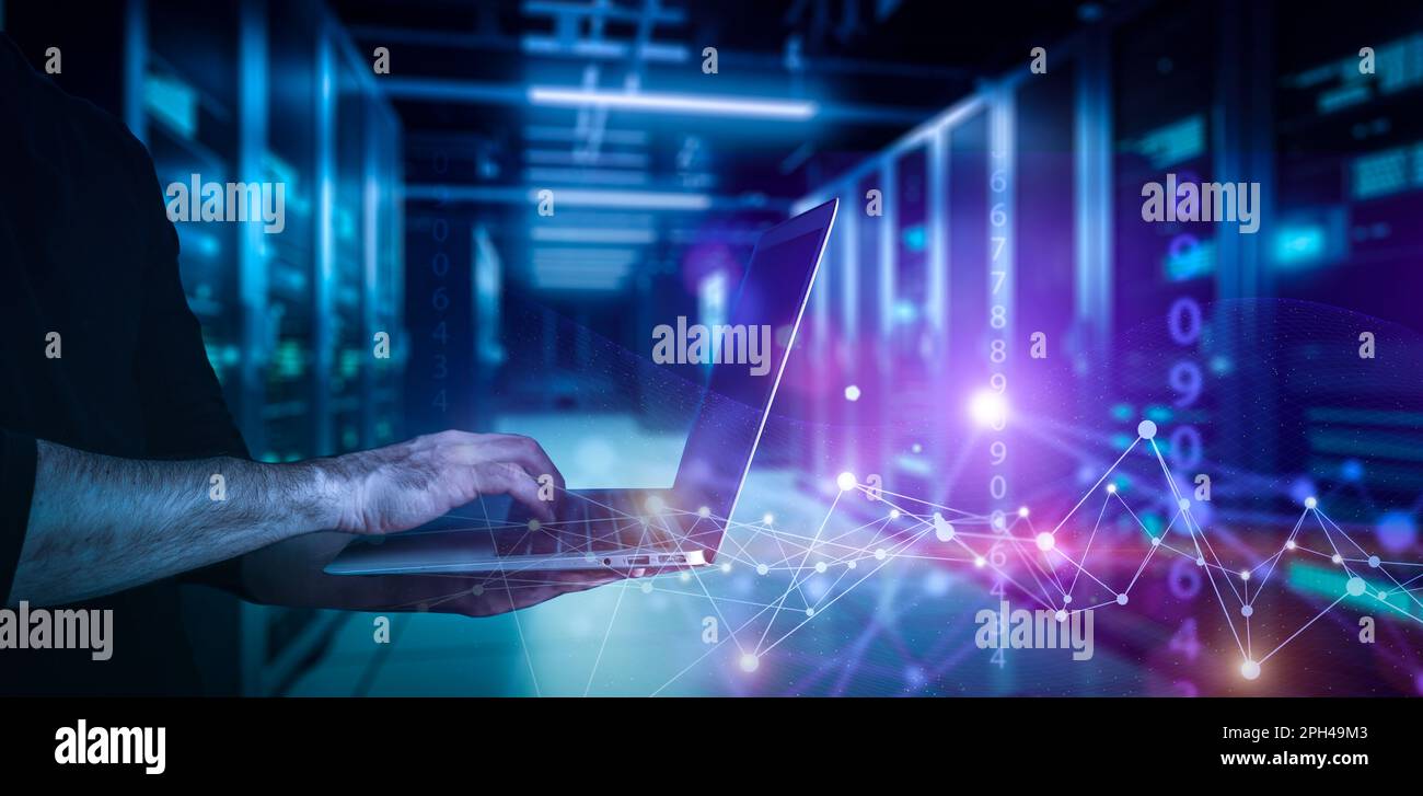 Big data technology background. Using a laptop against the background ...