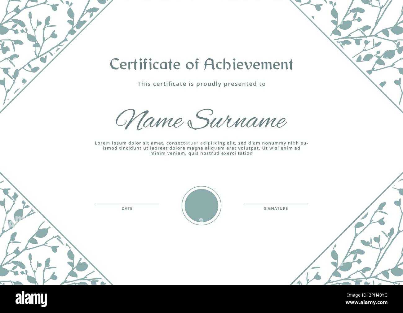 Certificate with plant triangle design elements. Green leaves frame for ...