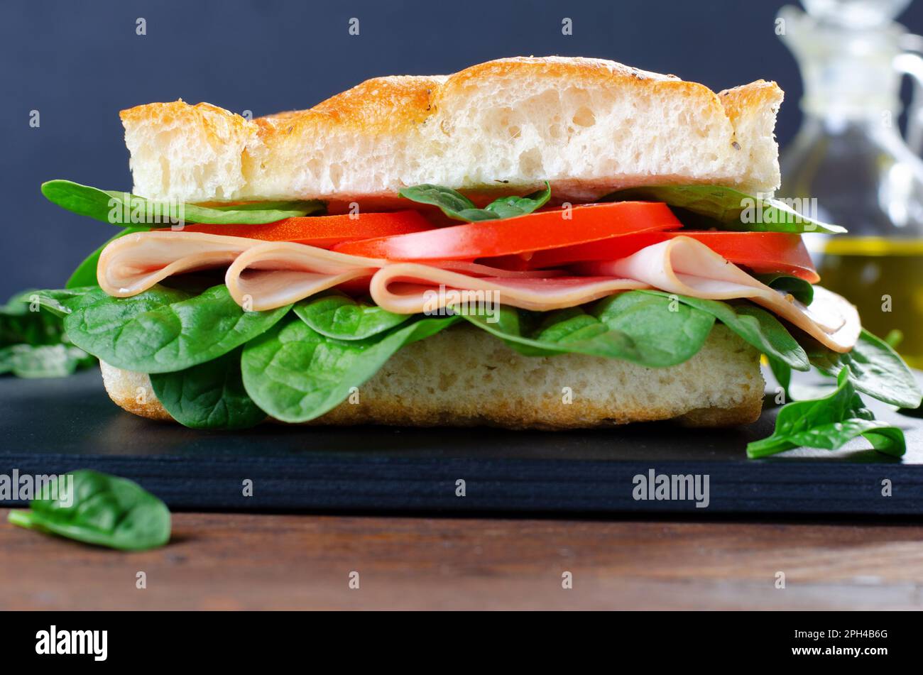 Focaccia Sandwich with Ham, Tomatoes, and Spinach, Sandwich with ...