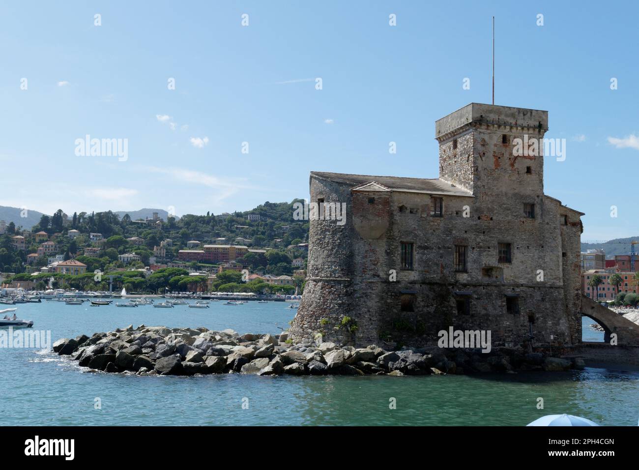 View of the Rapallo castle from the bay on the Tigullio gulf . Liguria ...