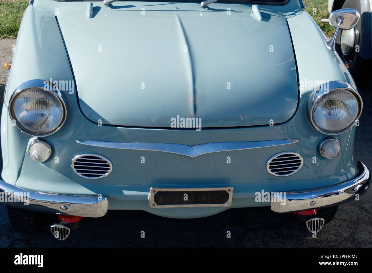 Front view of an old german classic car . Particular view of front ...