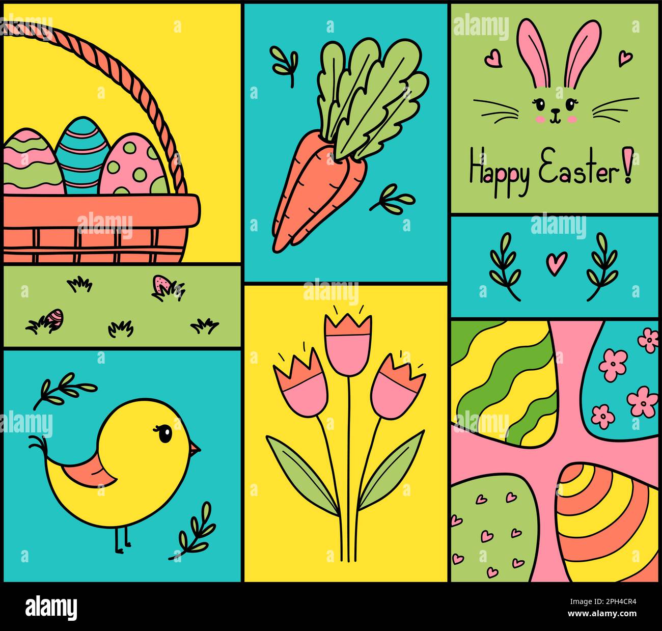 Easter card vector illustration. Cute Easter doodles with eggs, bunny ...