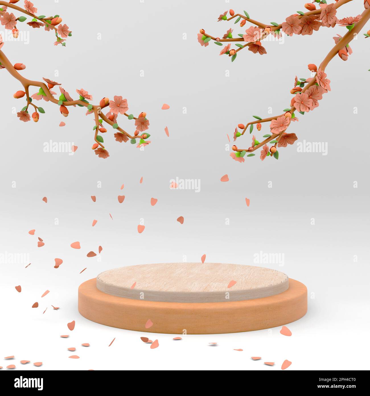 3d rendering Pink round display podium, spring flowers, leaves icon. 3d ...