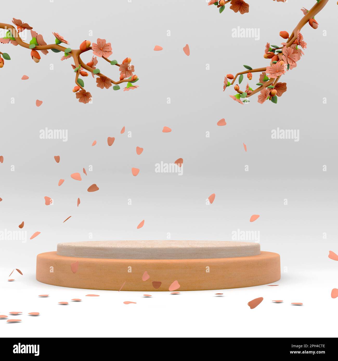 3d rendering Pink round display podium, spring flowers, leaves icon. 3d ...