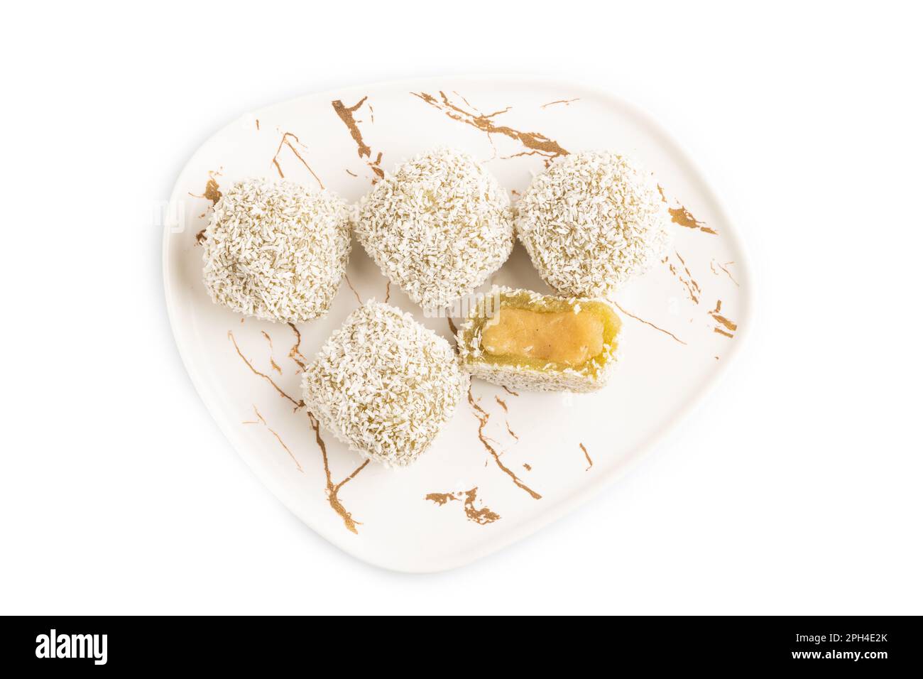 Japanese rice sweet buns mochi filled with pandan jam isolated on white ...