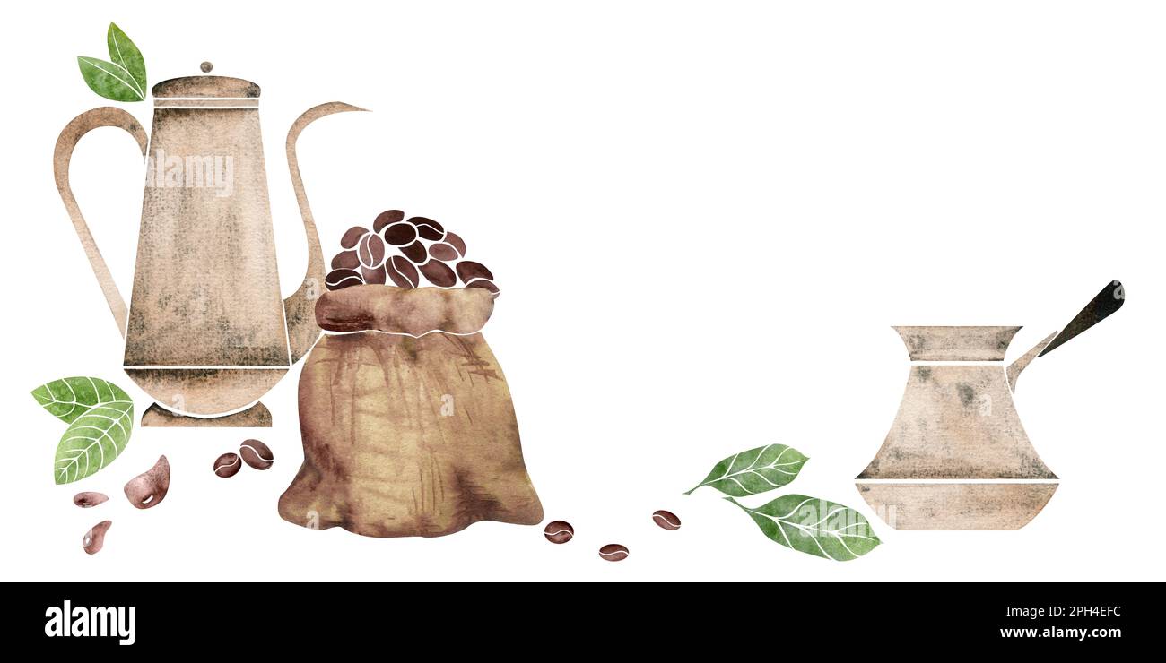 Watercolor hand drawn composition with coffee copper pot, cezve, jute ...