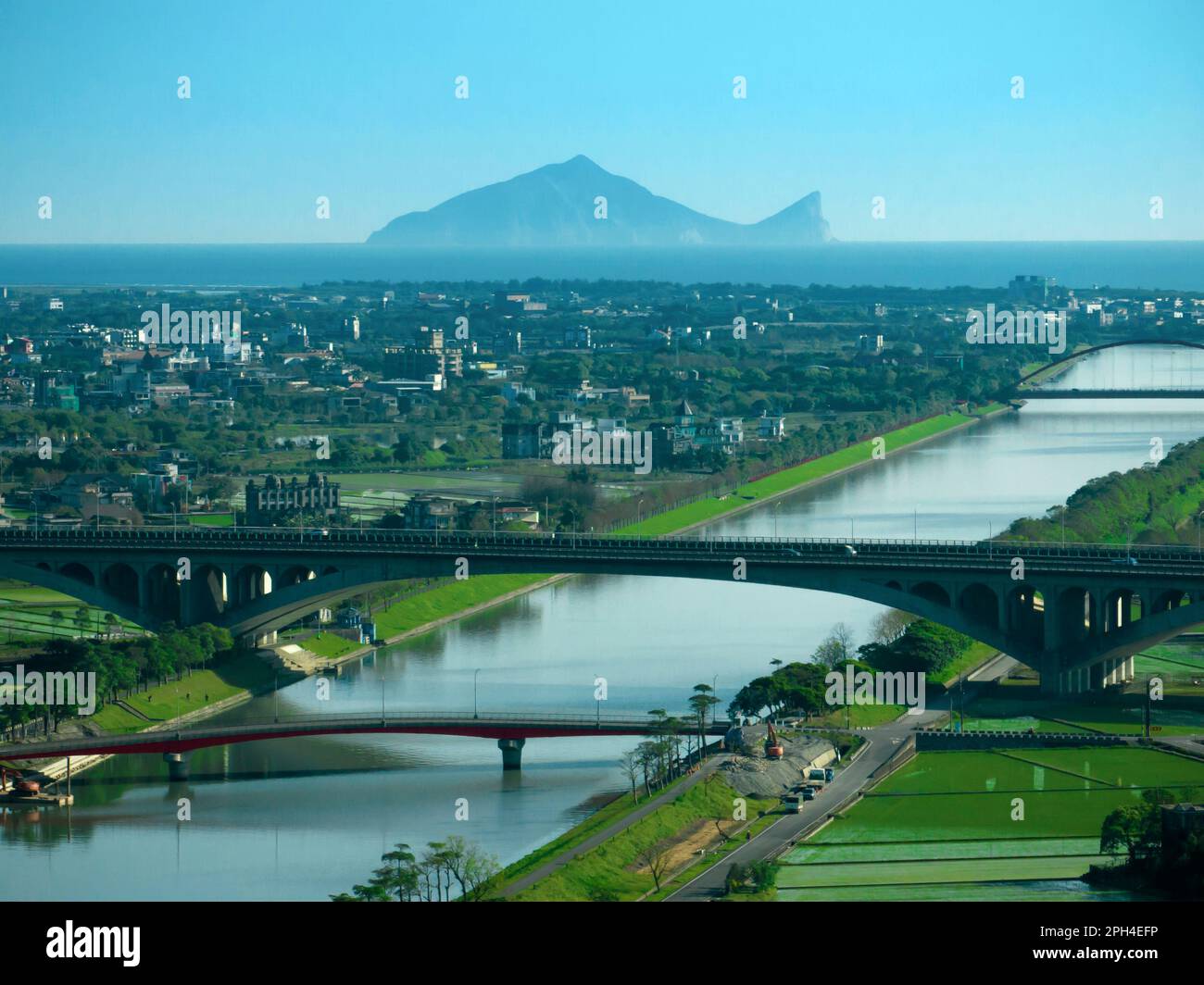 Aerial view of dongshan river and Guishan island in yilan county ...