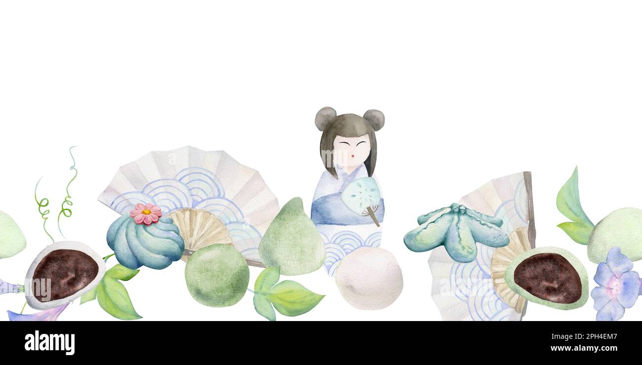 Watercolor hand drawn traditional Japanese sweets. Wide seamless border ...