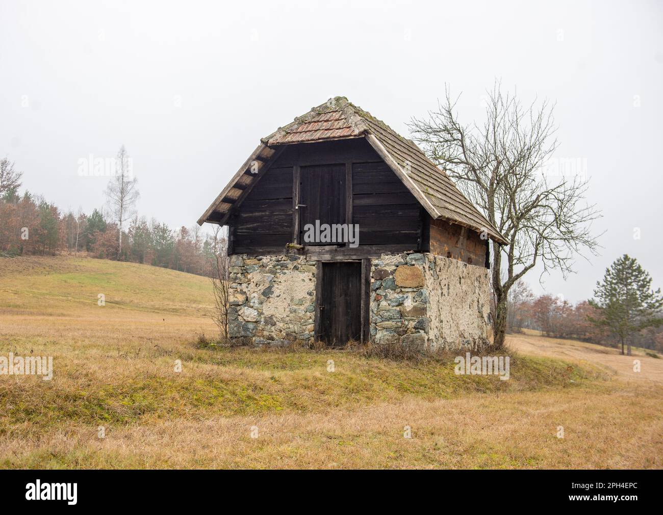 A worn-out stone and wood house sits in an open grassy field, with a ...
