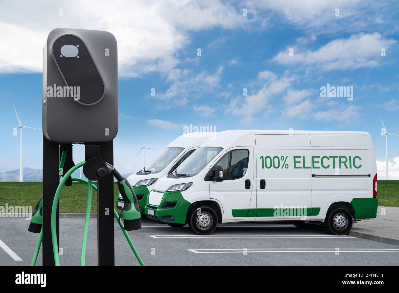 Electric delivery vans with electric vehicles charging station. High ...