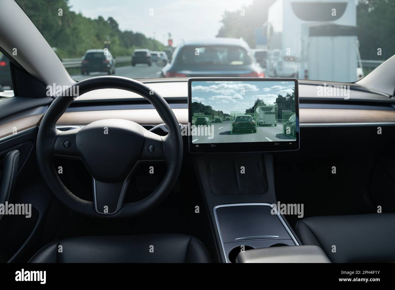 Self driving car on a road. Autonomous vehicle. Inside view Stock Photo ...
