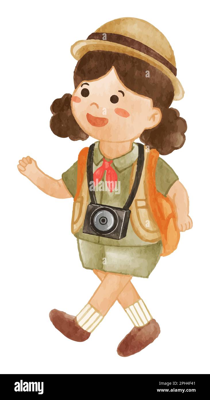 Girl scout with hiking suit hold camera . Realistic watercolor paint ...