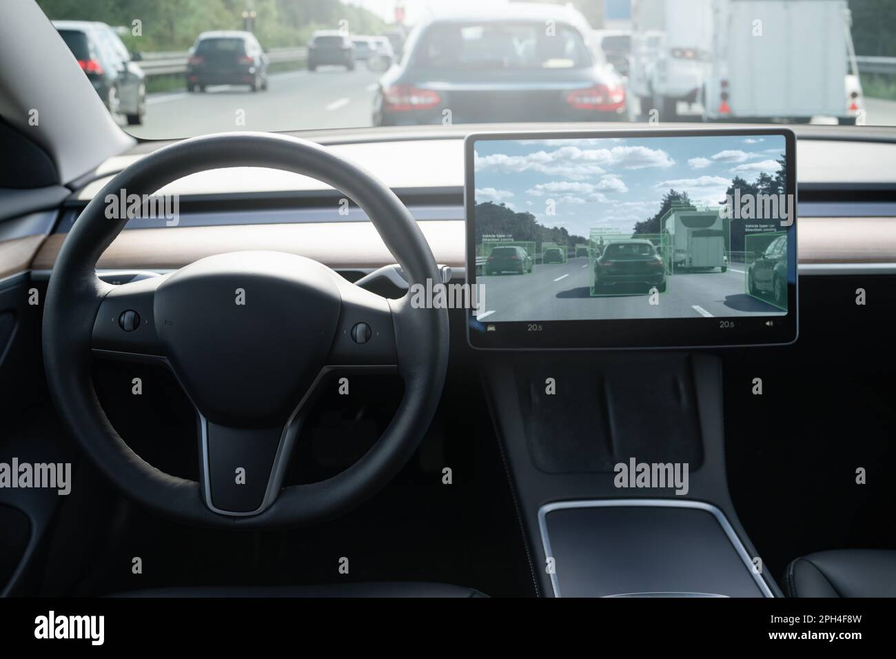 Self driving car on a road. Autonomous vehicle. Inside view Stock Photo ...
