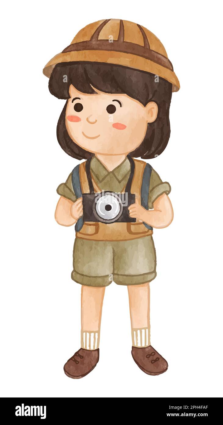 Girl scout with hiking suit hold camera . Realistic watercolor paint ...