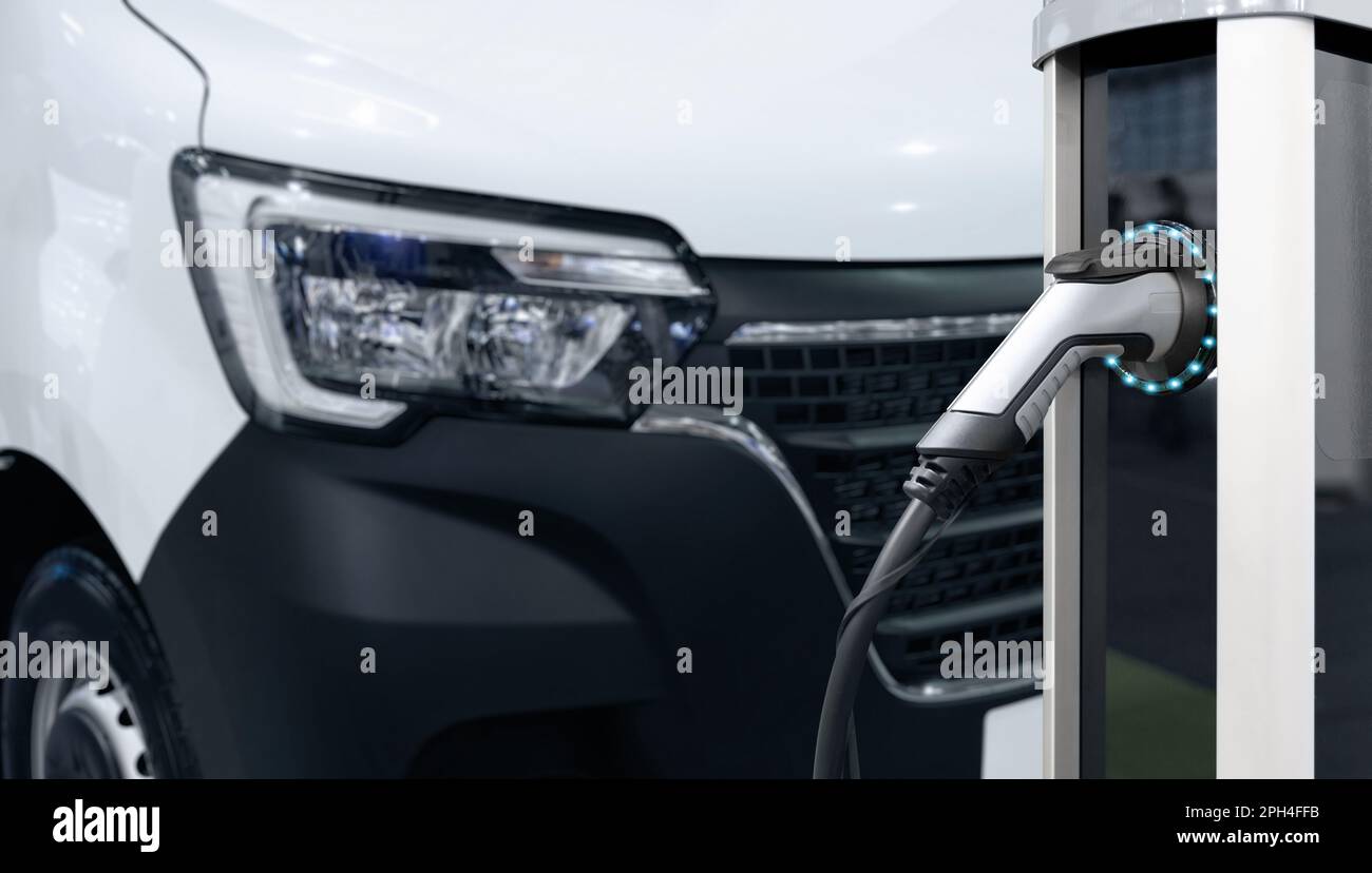 Electric delivery van with electric vehicles charging station. High ...