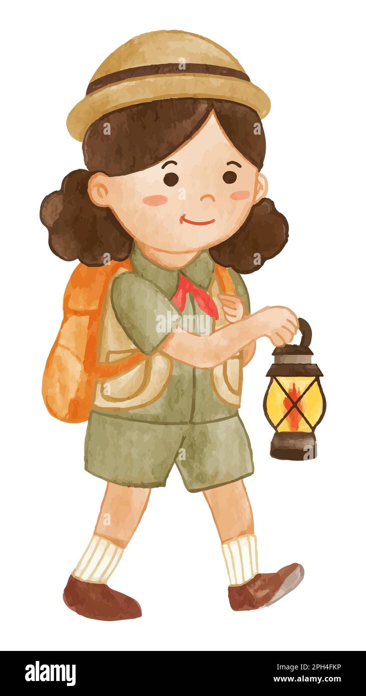 Girl scout with hiking suit hold lamp . Realistic watercolor paint with ...