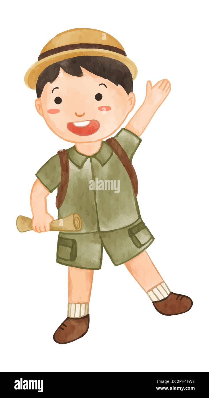 Boy scout with hiking suit hold map and wave the hand . Realistic ...