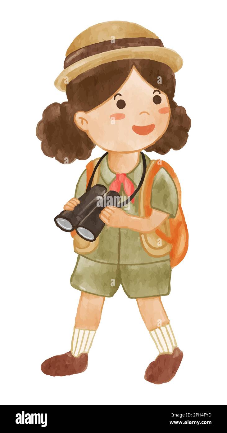 Girl scout with hiking suit look through binoculars . Realistic ...