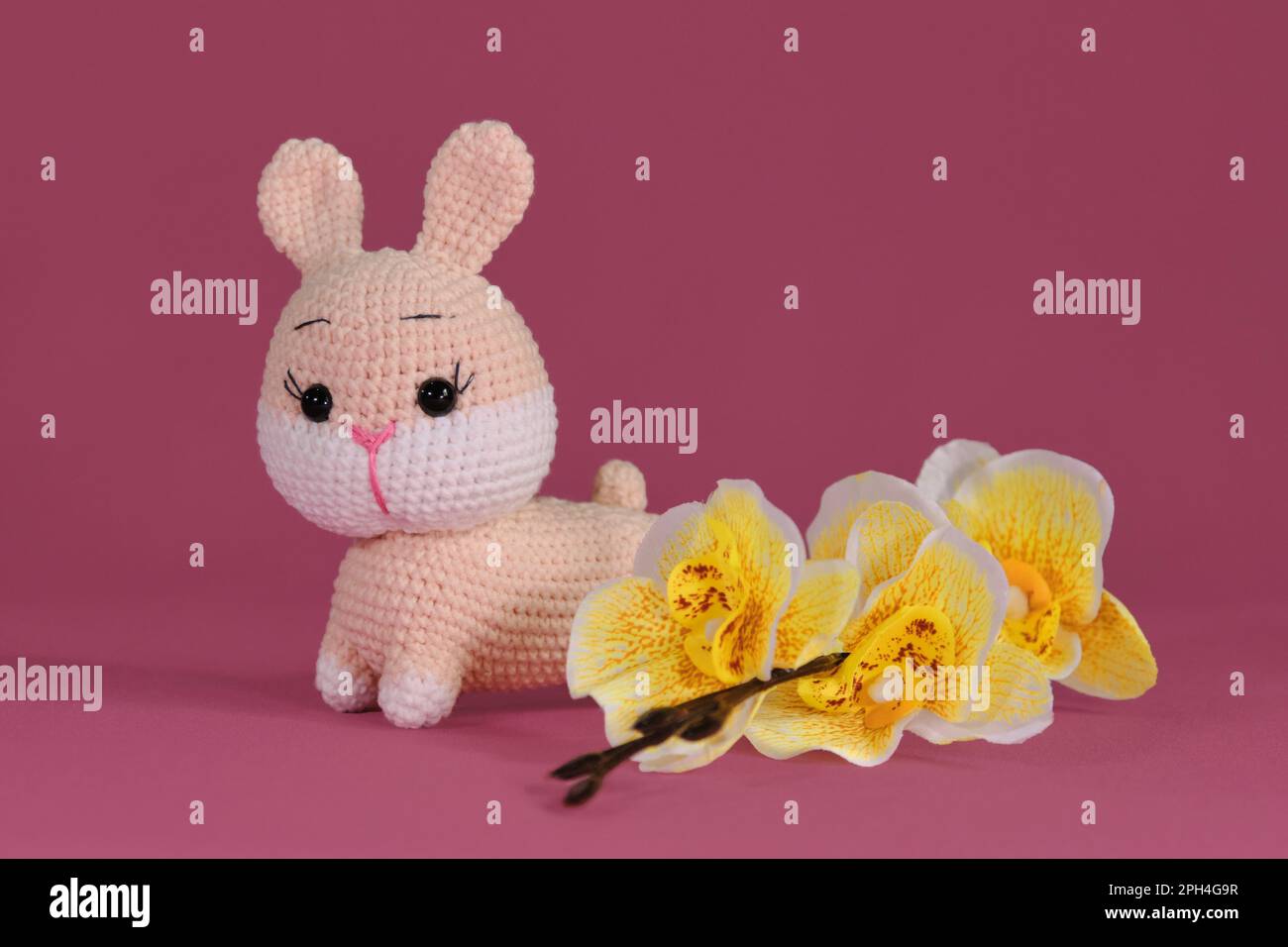 Amigurumi rabbit doll on pink background with yellow orchid flowers ...