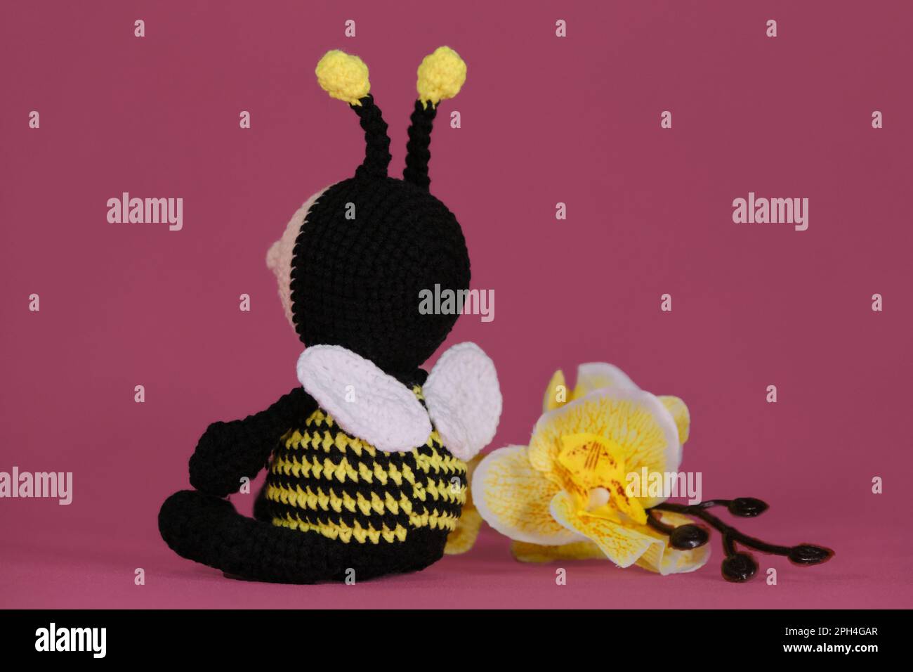 One bee black with yellow stripes and funny wings and horns crocheted ...