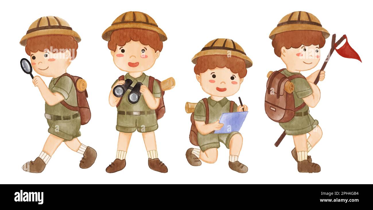 Collection of Boy scout with hiking suit . Realistic watercolor paint ...