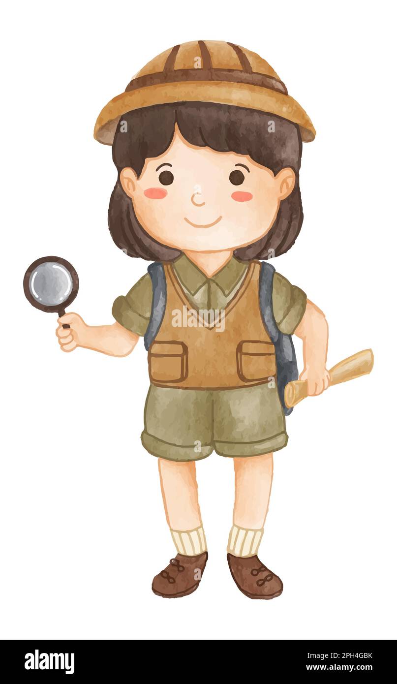 Girl scout with hiking suit look through magnifying glass . Realistic ...