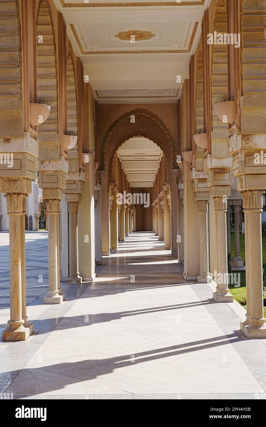 Colonnade of Hassan II mosque at african Casablanca city in Morocco ...
