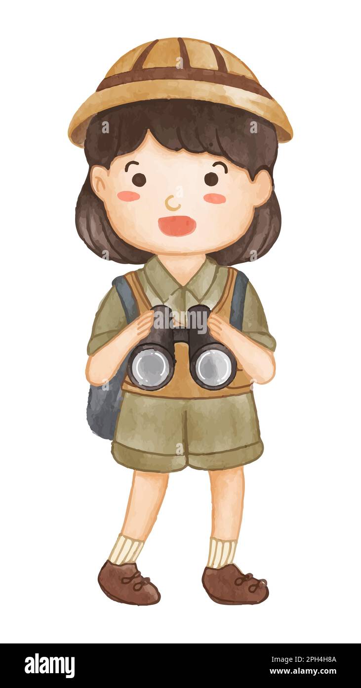Girl scout with hiking suit look through binoculars . Realistic ...