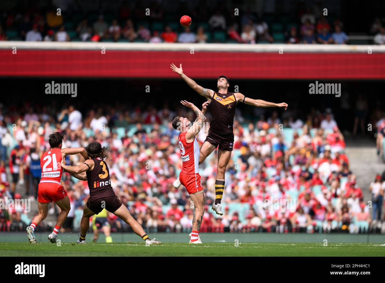 Peter Ladhams of the Sydney Swans and Ned Reeves of Hawthorn jump for ...
