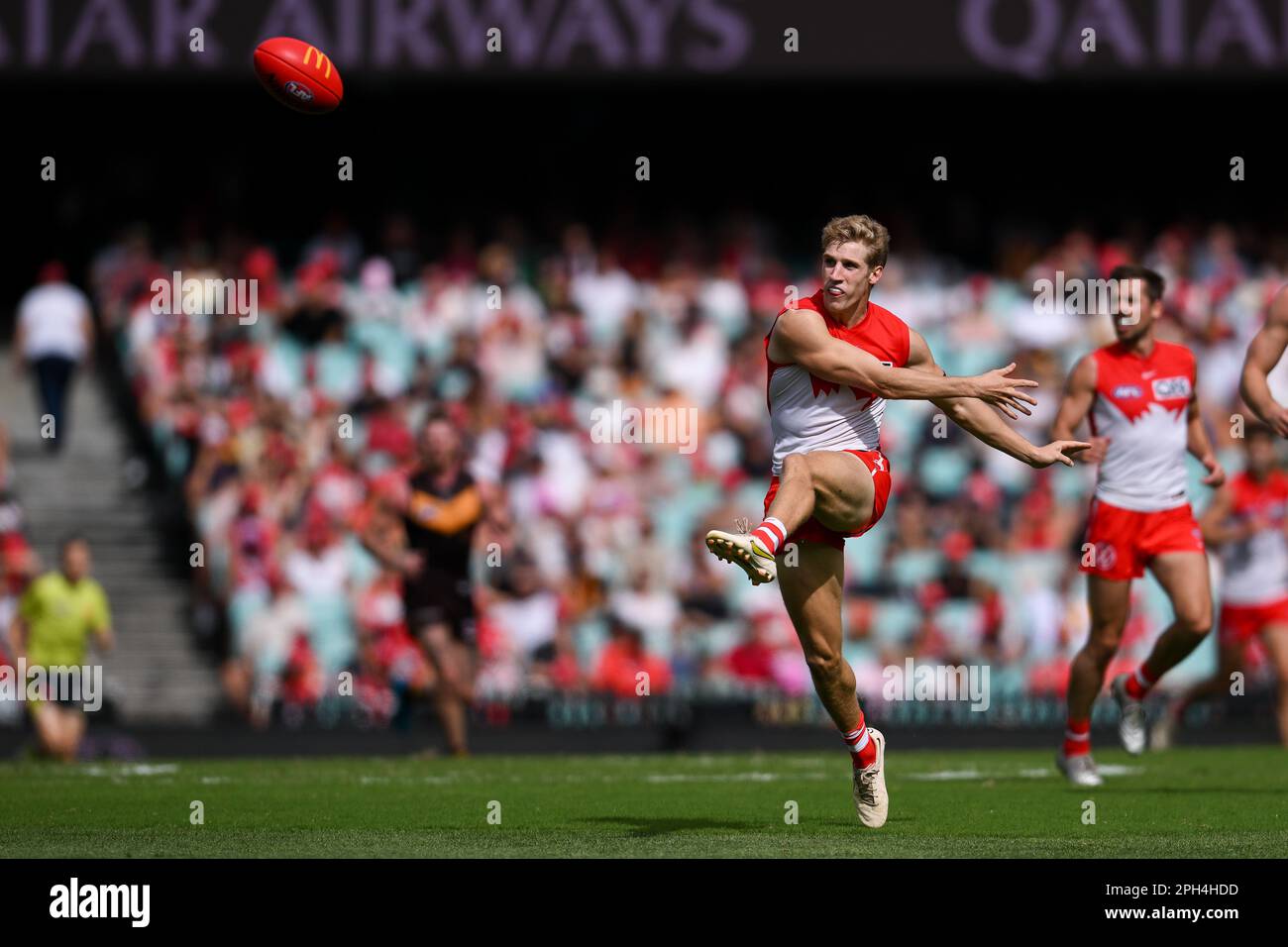 Dylan Stephens of the Sydney Swans kicks the ball during the AFL Round ...