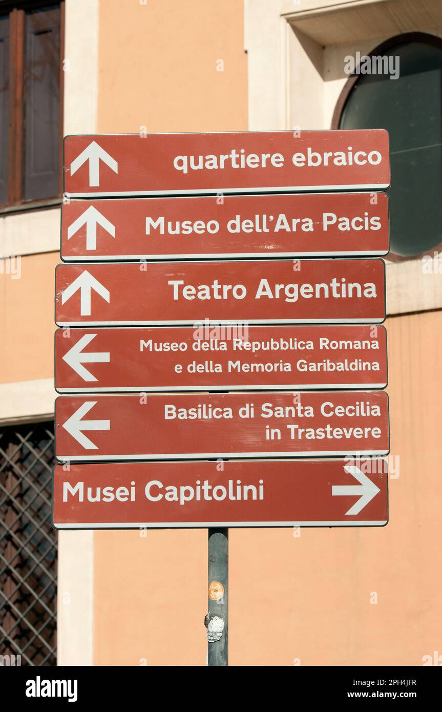 Direction sign to attractions in Rome city centre, Lazio, Italy Stock ...