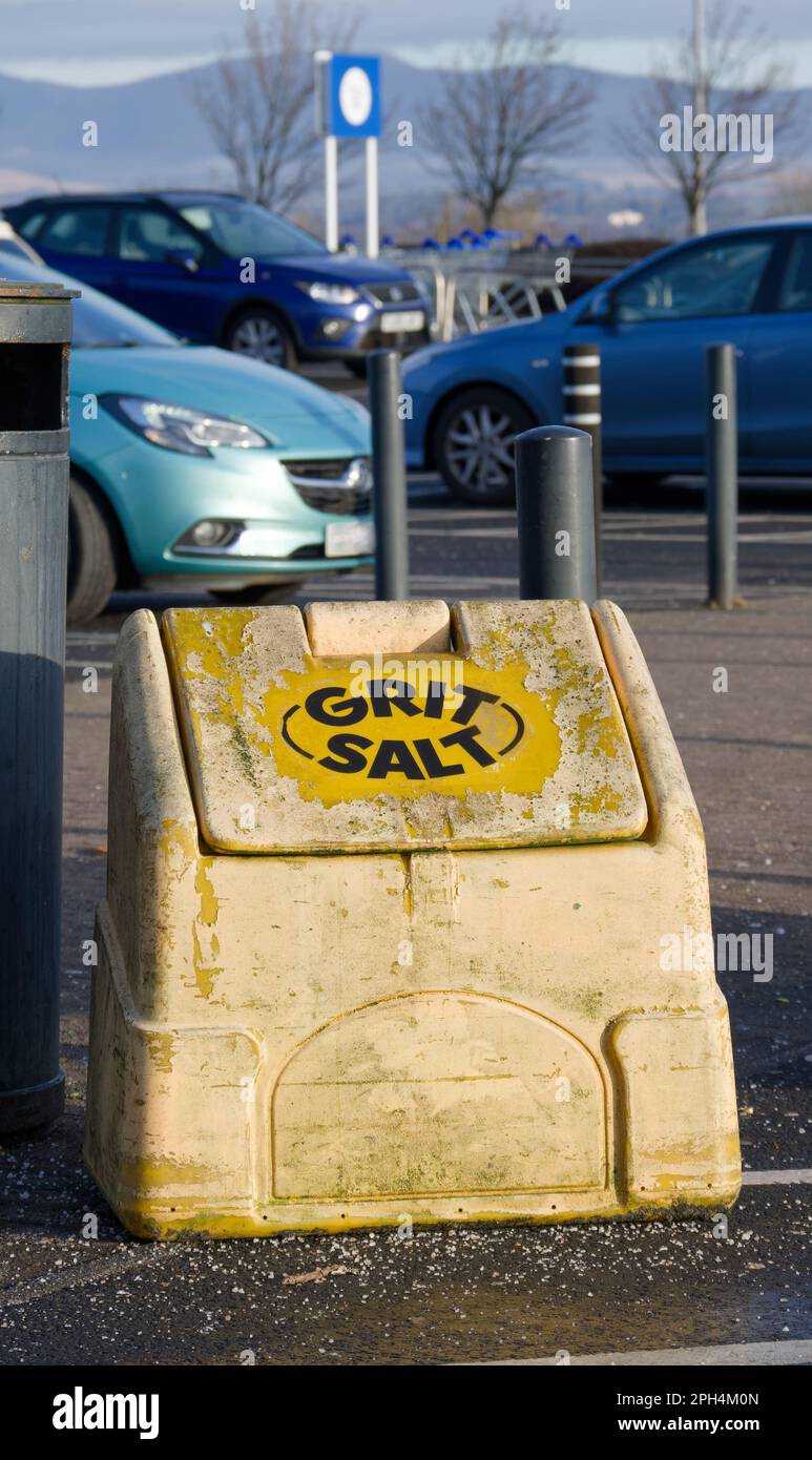 Salt grit yellow container for winter road safety on council road Stock ...