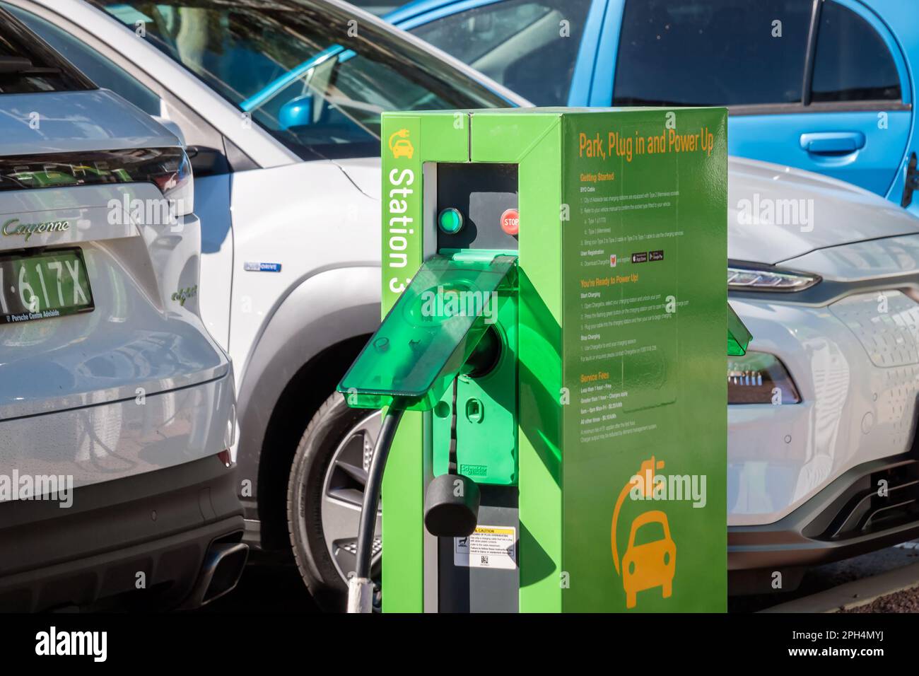 Adelaide CBD, Australia - August 23, 2019: EV Charger charging station ...