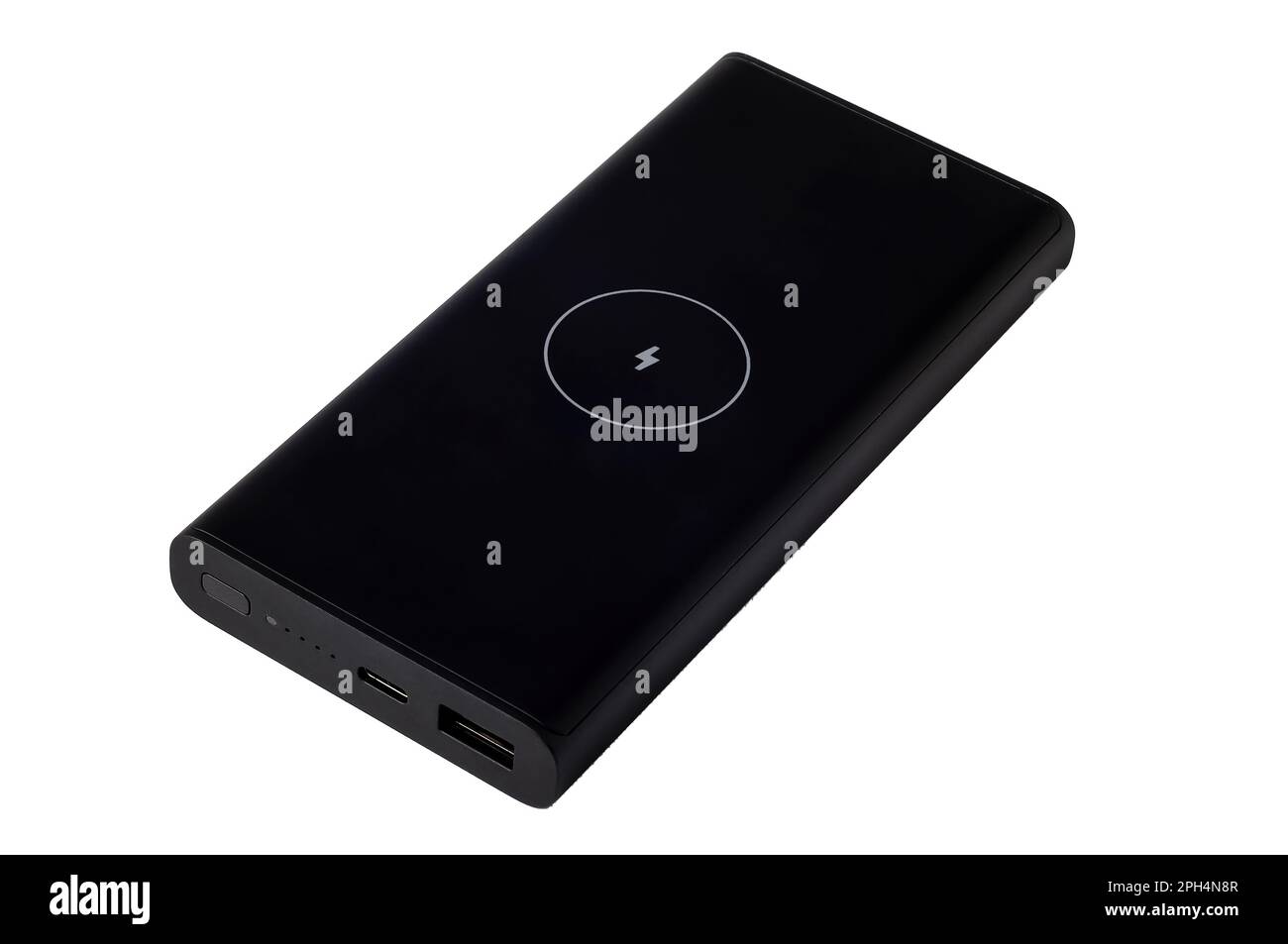 Black power bank with wireless charging sign, side with connectors and ...