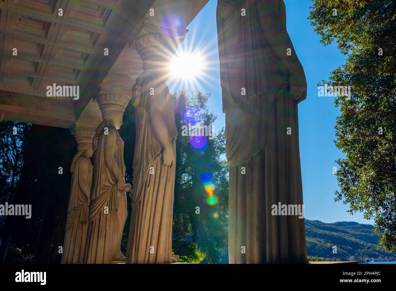 Patio with Statue Column in the Forest on the Mountain Side and Blue ...