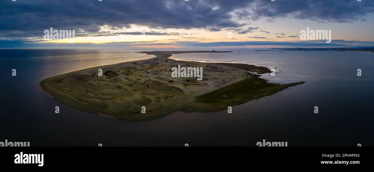Holy Island/Lindisfarne cut off by the tide from above Stock Photo - Alamy