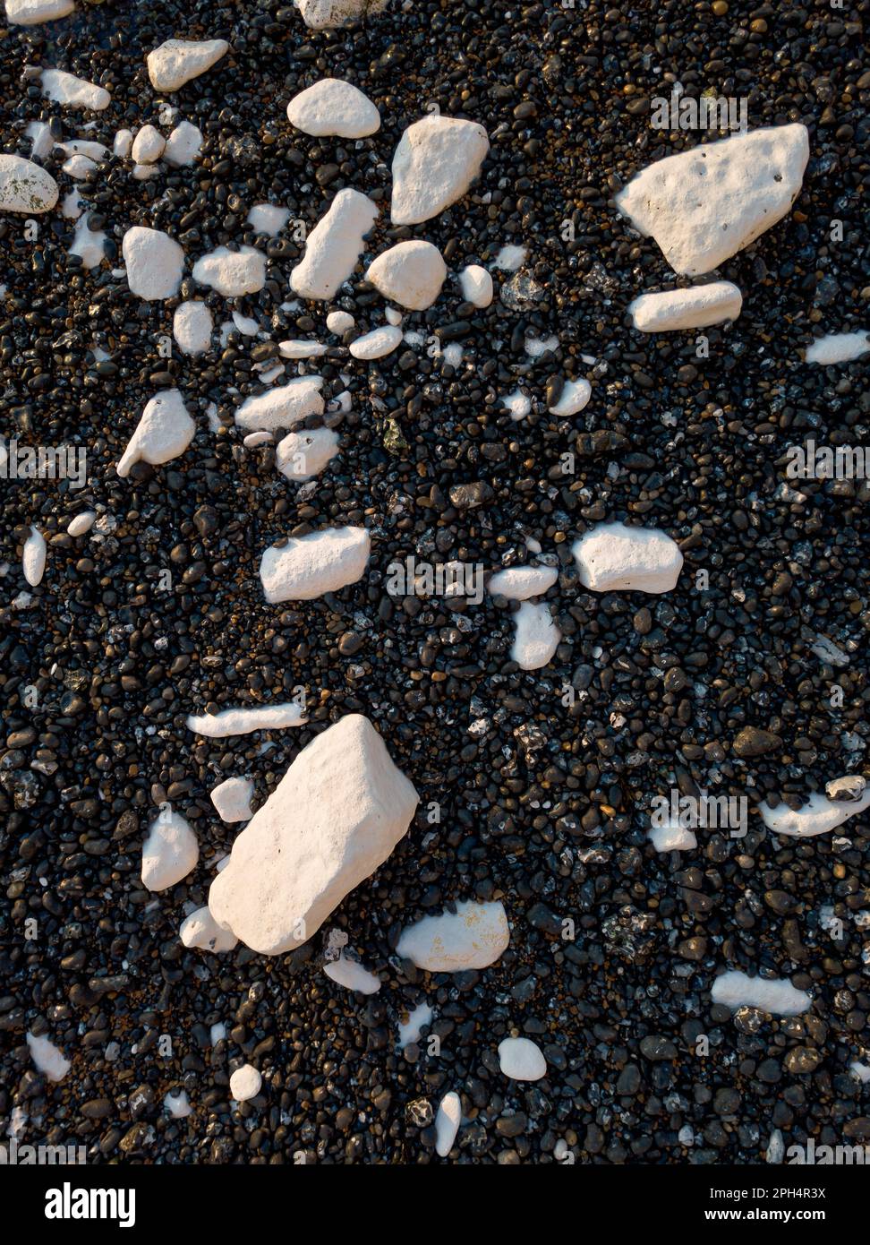 Blocks of chalk on a beach of flints from above, next to Dover harbour ...