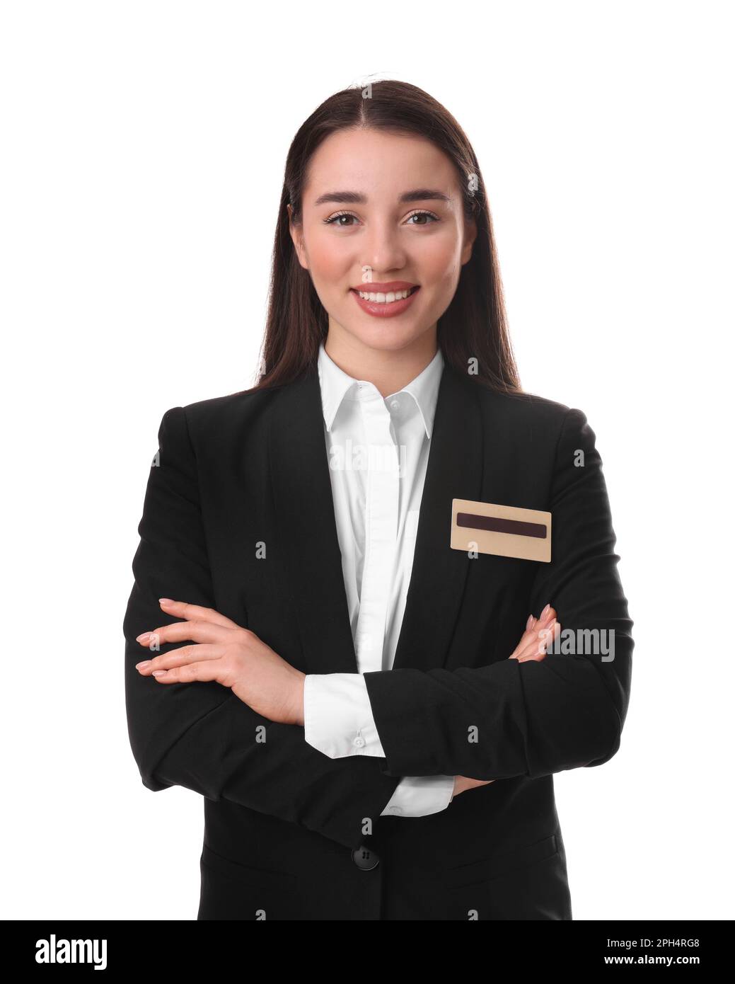 Portrait of happy young receptionist in uniform on white background ...