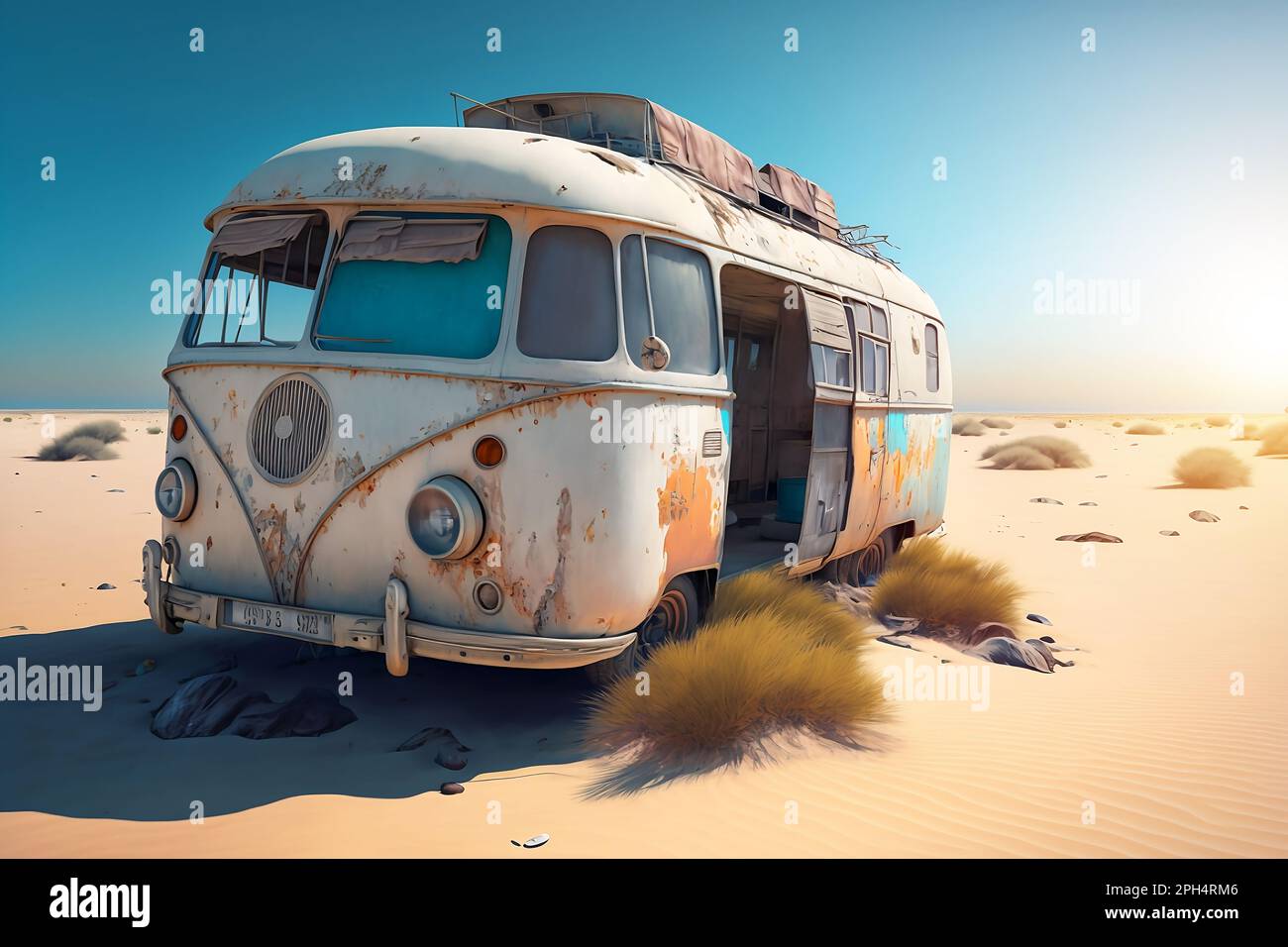 Abandoned old motorhome Camper van. Vehicles on the beach. Digital ...