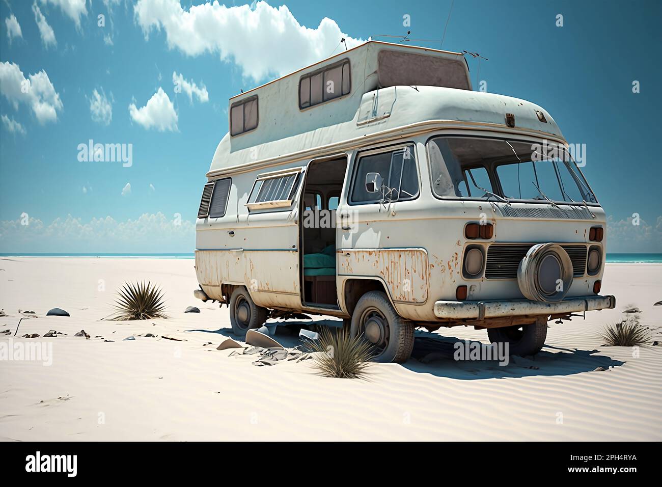 Abandoned old motorhome Camper van. Vehicles on the beach. Digital ...