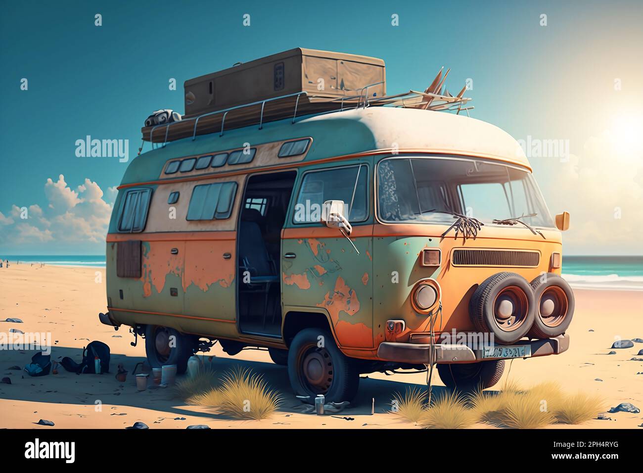 Abandoned old motorhome Camper van. Vehicles on the beach. Digital ...