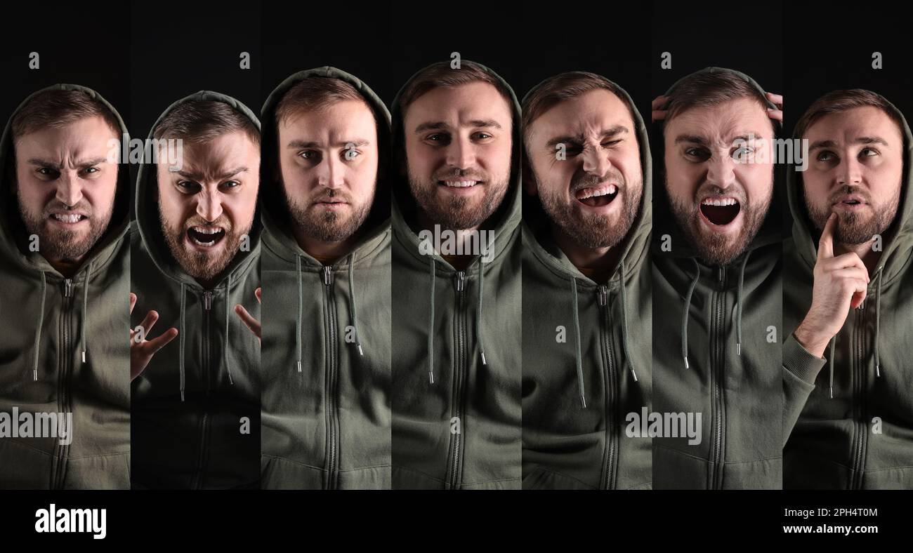 Young man expressing different emotions on black background, collage ...