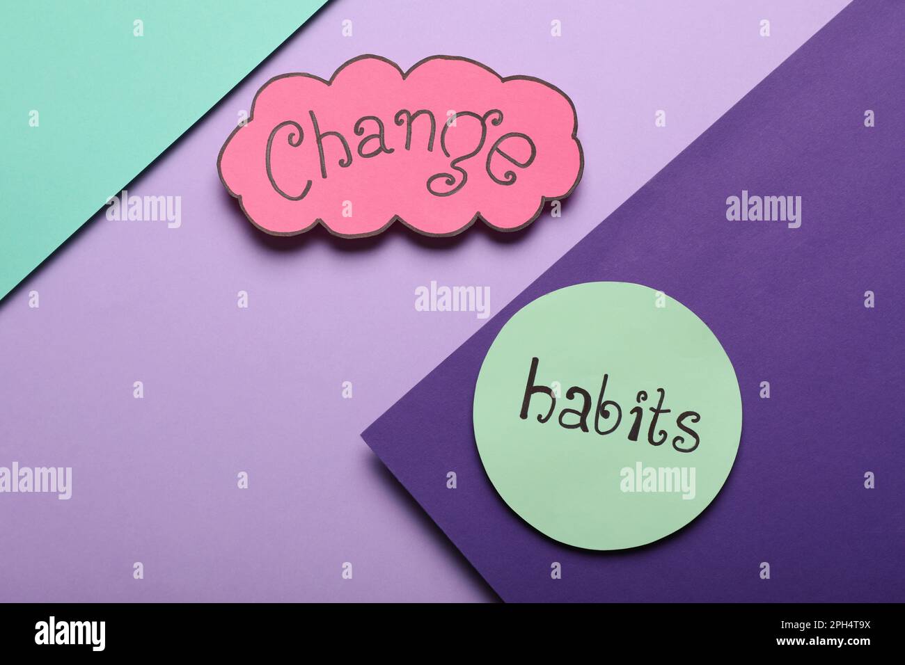 Flat lay composition with phrase Change Habits on color background ...