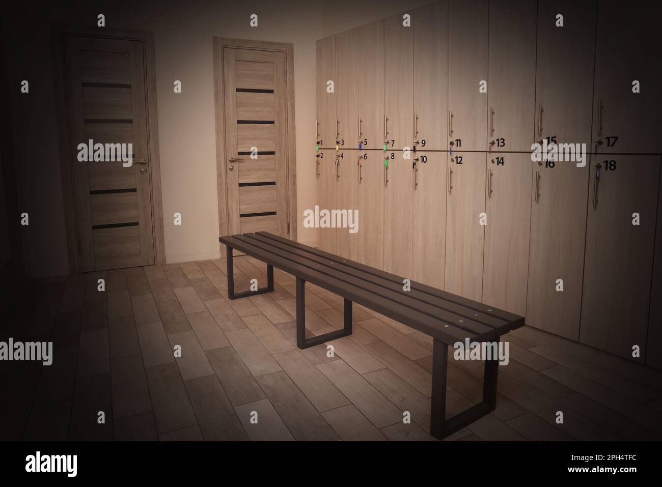 Wooden bench and lockers in changing room interior. Vignette effect Stock Photo - Alamy