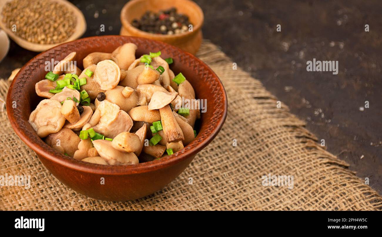 Pickled mushrooms in a bowl.Fermented food. Mushrooms with herbs and ...