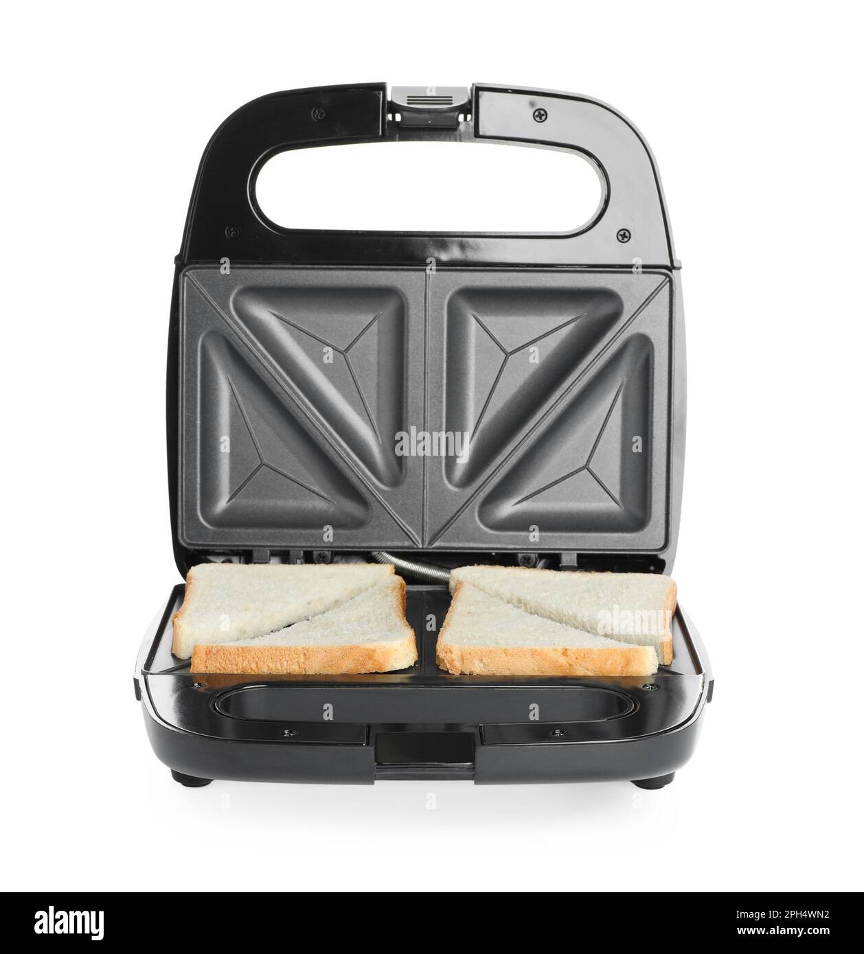 Modern sandwich maker with bread slices on white background Stock Photo ...