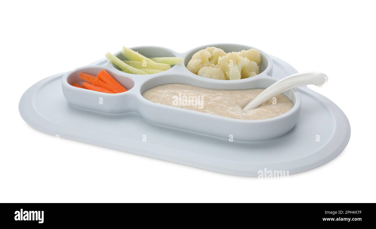 Healthy baby food in plate on white background Stock Photo - Alamy