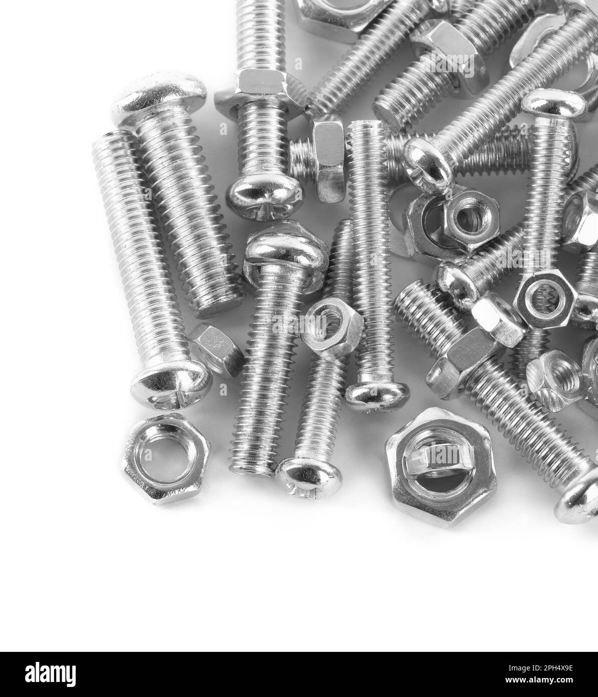 Many metal bolts and nuts on white background, top view Stock Photo - Alamy