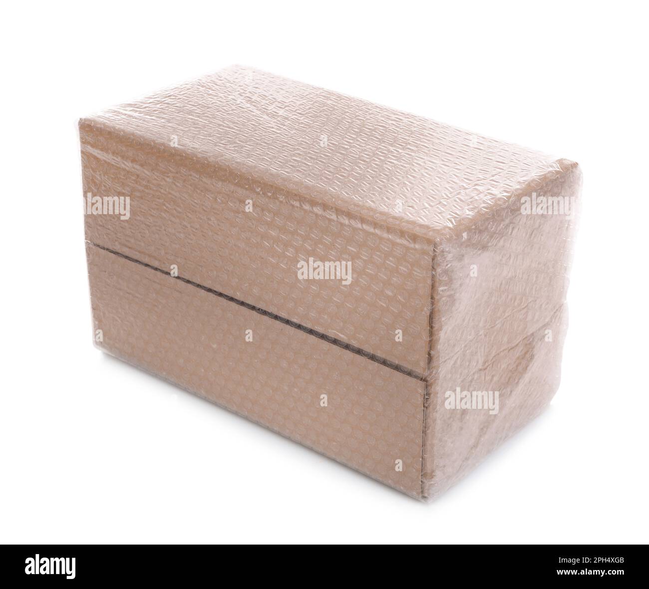 Cardboard box packed in bubble wrap isolated on white Stock Photo - Alamy